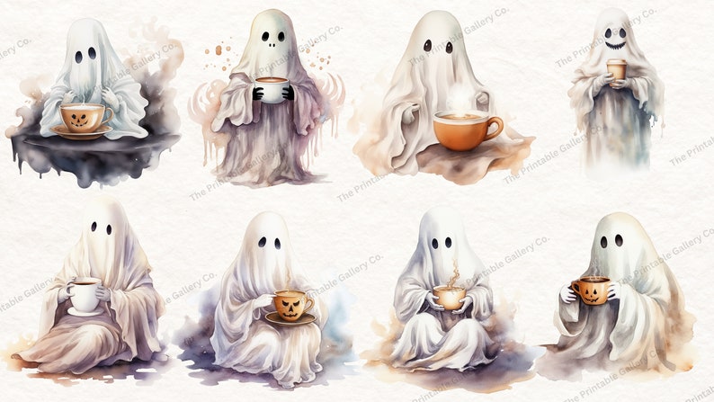 Cute Ghost Holding Coffee Clipart | Halloween Ghosts PNG | Spooky ...