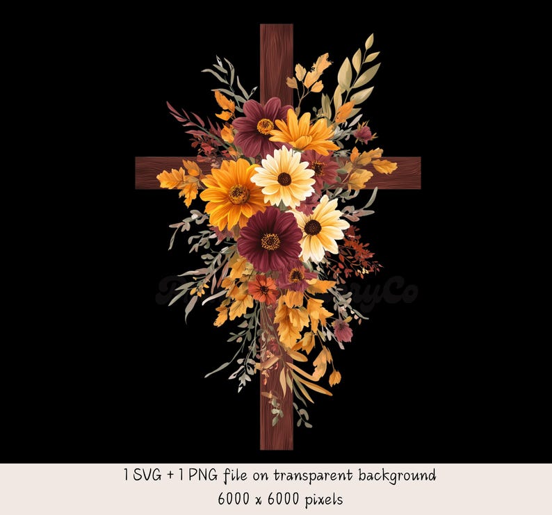 Fall Floral Cross Clipart Watercolor Garden Flower Cross PNG Shabby ...