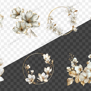 24 Gold Metallic Floral Clipart, White Flowers Commercial Use PNG ...