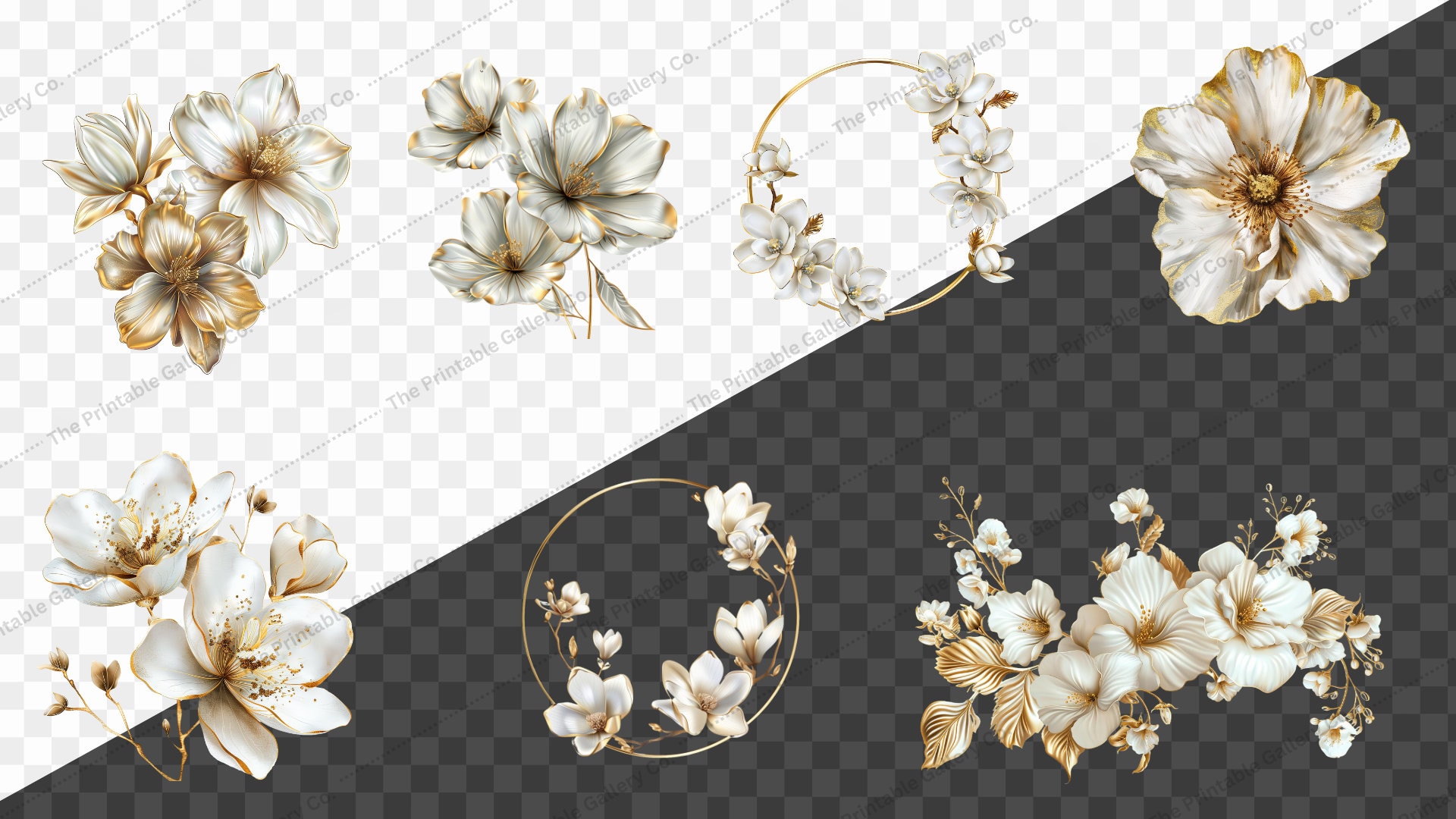 24 Gold Metallic Floral Clipart, White Flowers Commercial Use PNG ...