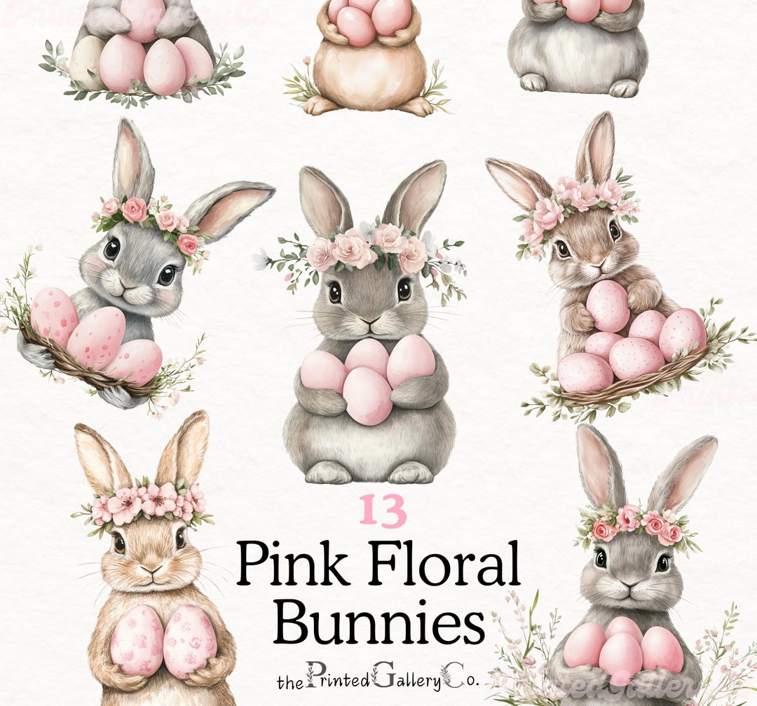 Pink Floral Easter Bunny Clipart, Spring Rabbit Commercial Use PNG ...