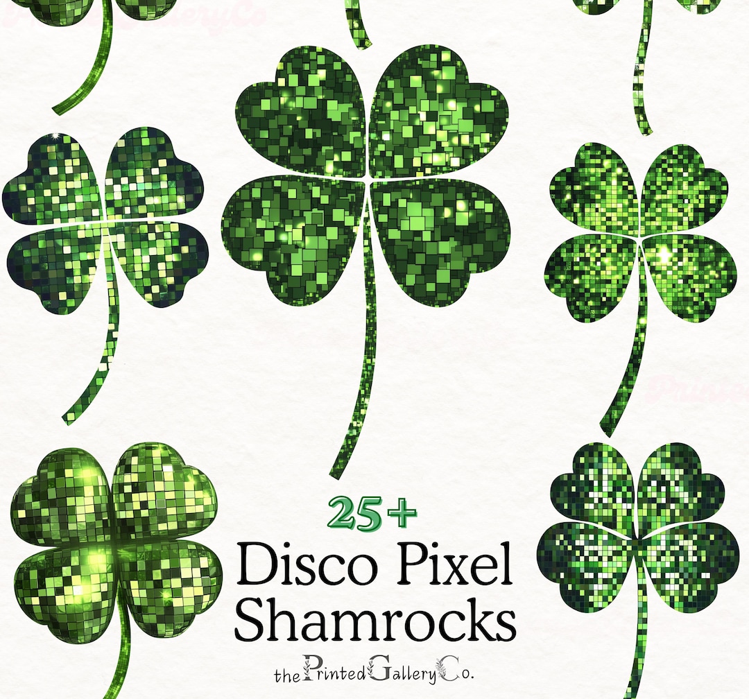 Retro Disco Shamrock Clipart Bundle Pixel Art 4 Leaf Clover PNG for St ...