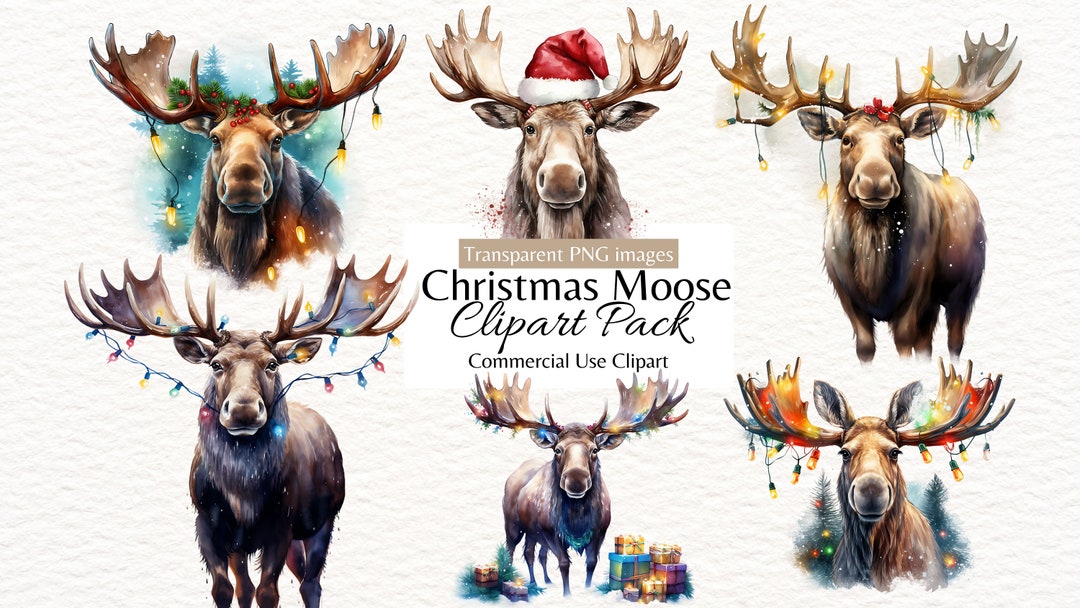 Watercolor Christmas Moose Clipart With Lights, Holiday Antler Art PNG ...