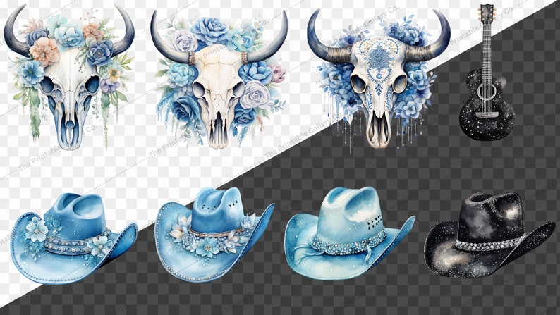 Watercolor Coastal Cowgirl Clipart, Blue/black/white Glam Western Boots ...