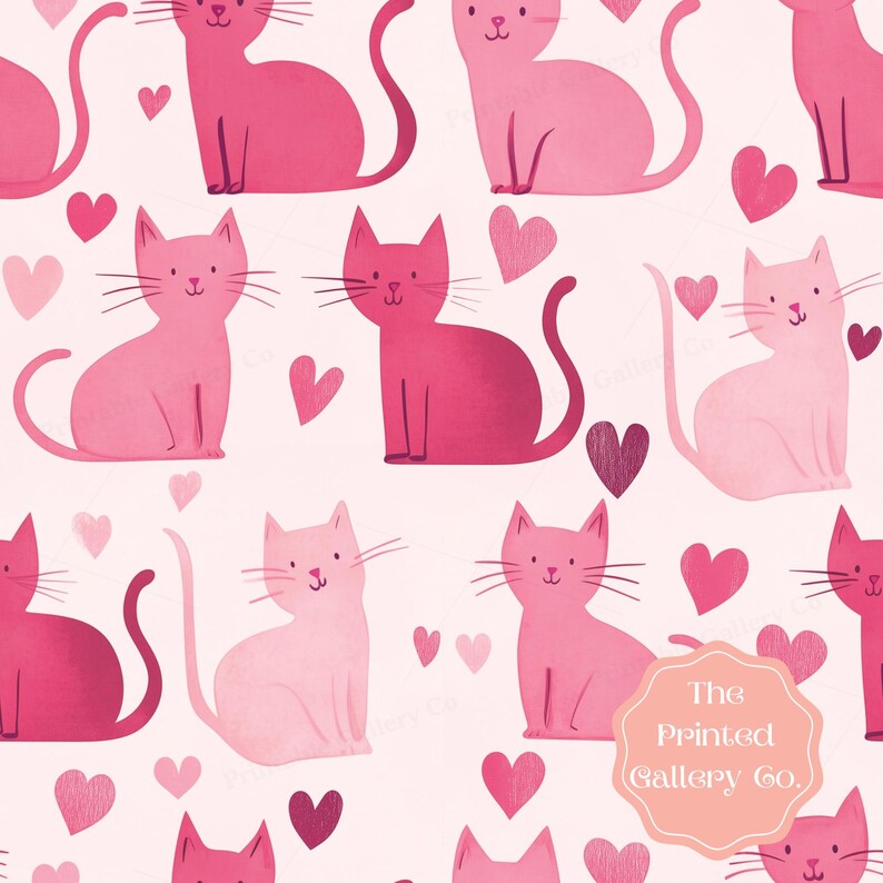 Seamless Cat Pattern, Pink Heart Seamless Digital Paper, Purfect ...
