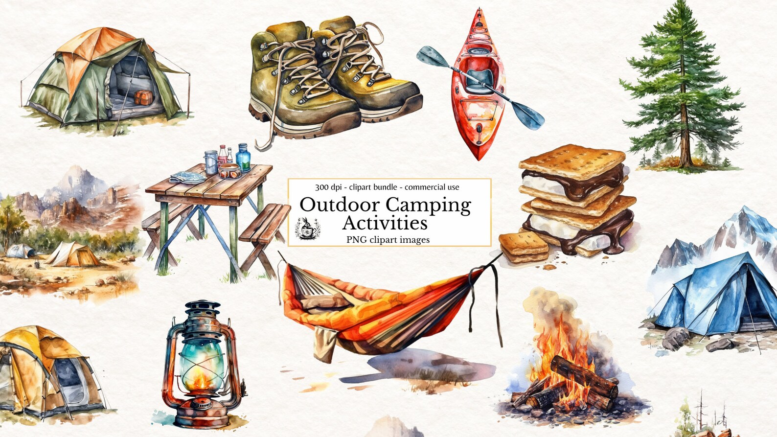 Watercolor Camping Clipart, Summer Outdoor Campsite Commercial Use PNG ...