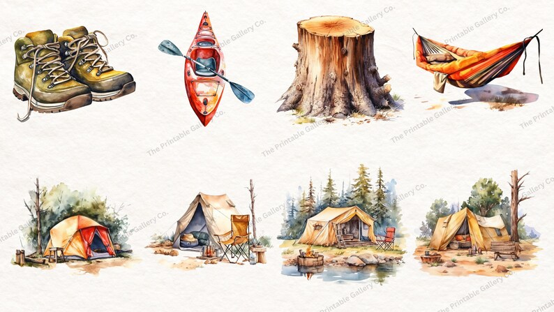 Watercolor Camping Clipart, Summer Outdoor Campsite Commercial Use PNG ...