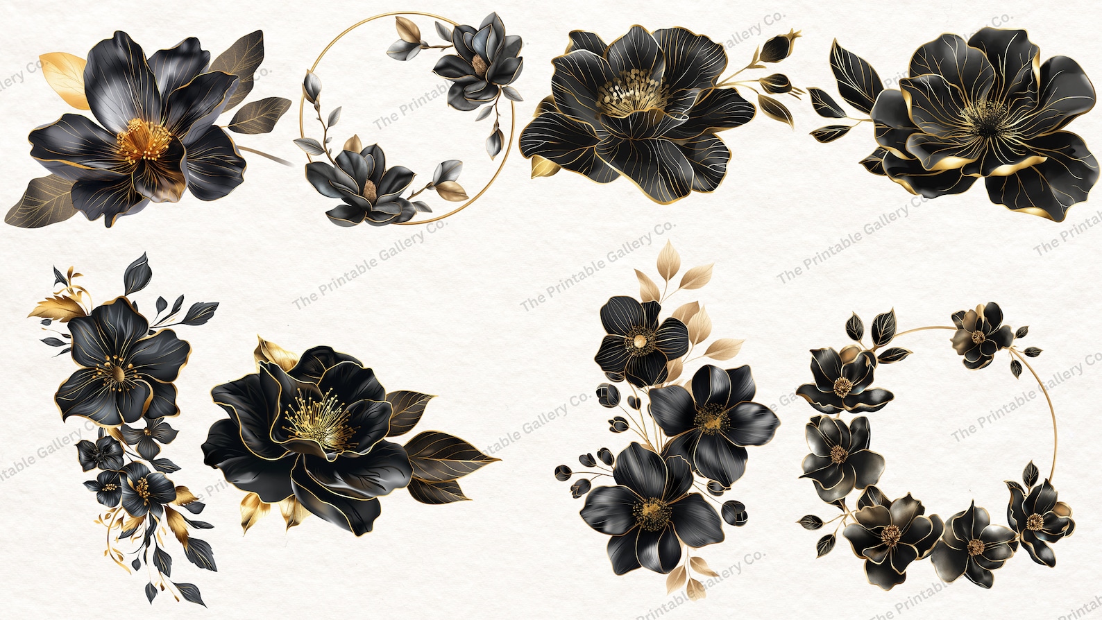 Gold Metallic Floral Clipart, Black Flowers Commercial Use PNG, Wedding ...