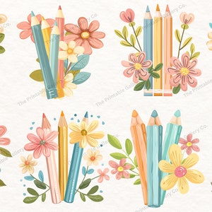 Pastel Retro Spring School Supplies Clipart, Floral Teacher Clip Art ...