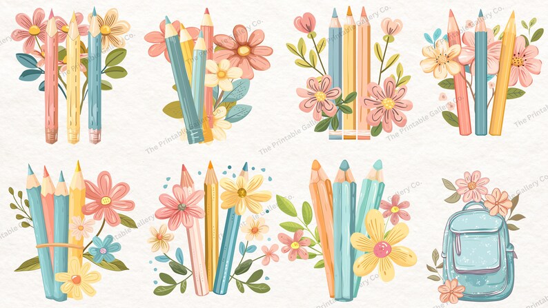 Pastel Retro Back to School Supplies Clipart, Floral Teacher Clip Art ...