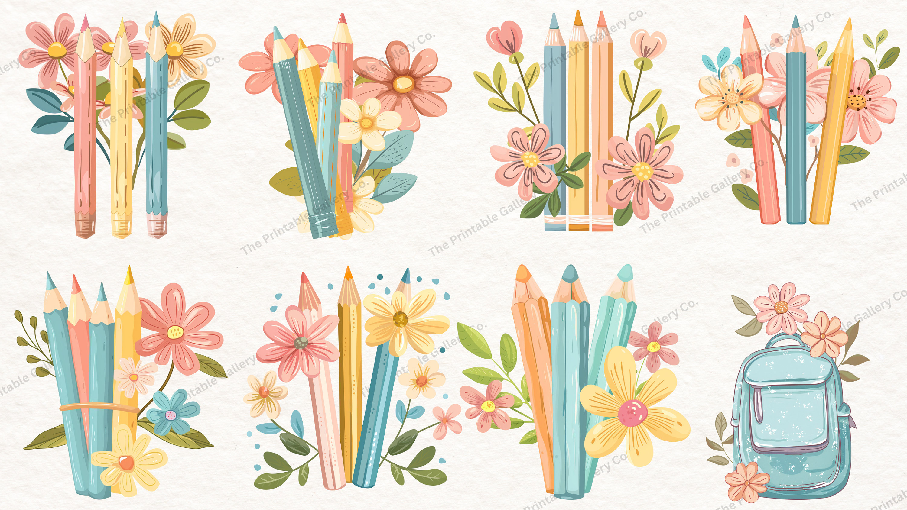 Pastel Retro Spring School Supplies Clipart, Floral Teacher Clip Art ...
