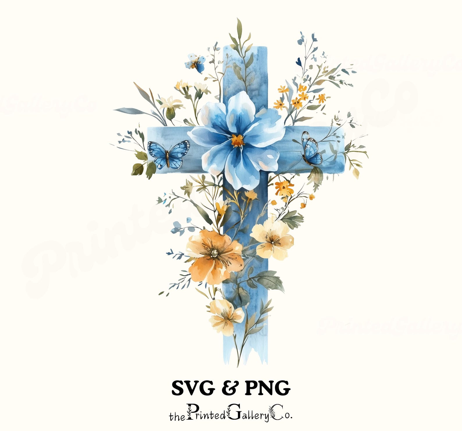 Blue & Yellow Floral Cross Clipart Watercolor Garden Flower Cross PNG ...