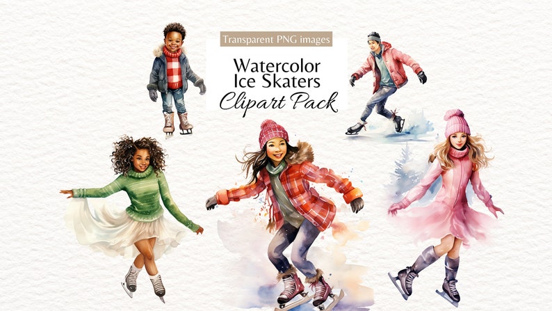 Watercolor Ice Skating Clipart, Co-ed Winter Clip Art for Sublimation ...