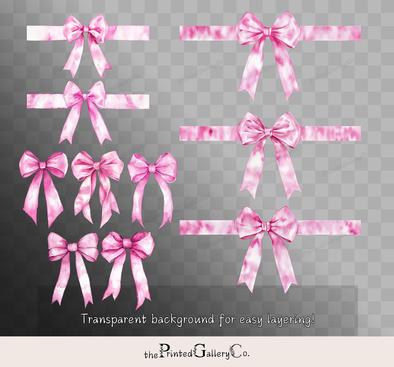 10 Vibrant Pink Coquette Ribbon Bow PNG, Watercolor Bow Clipart ...