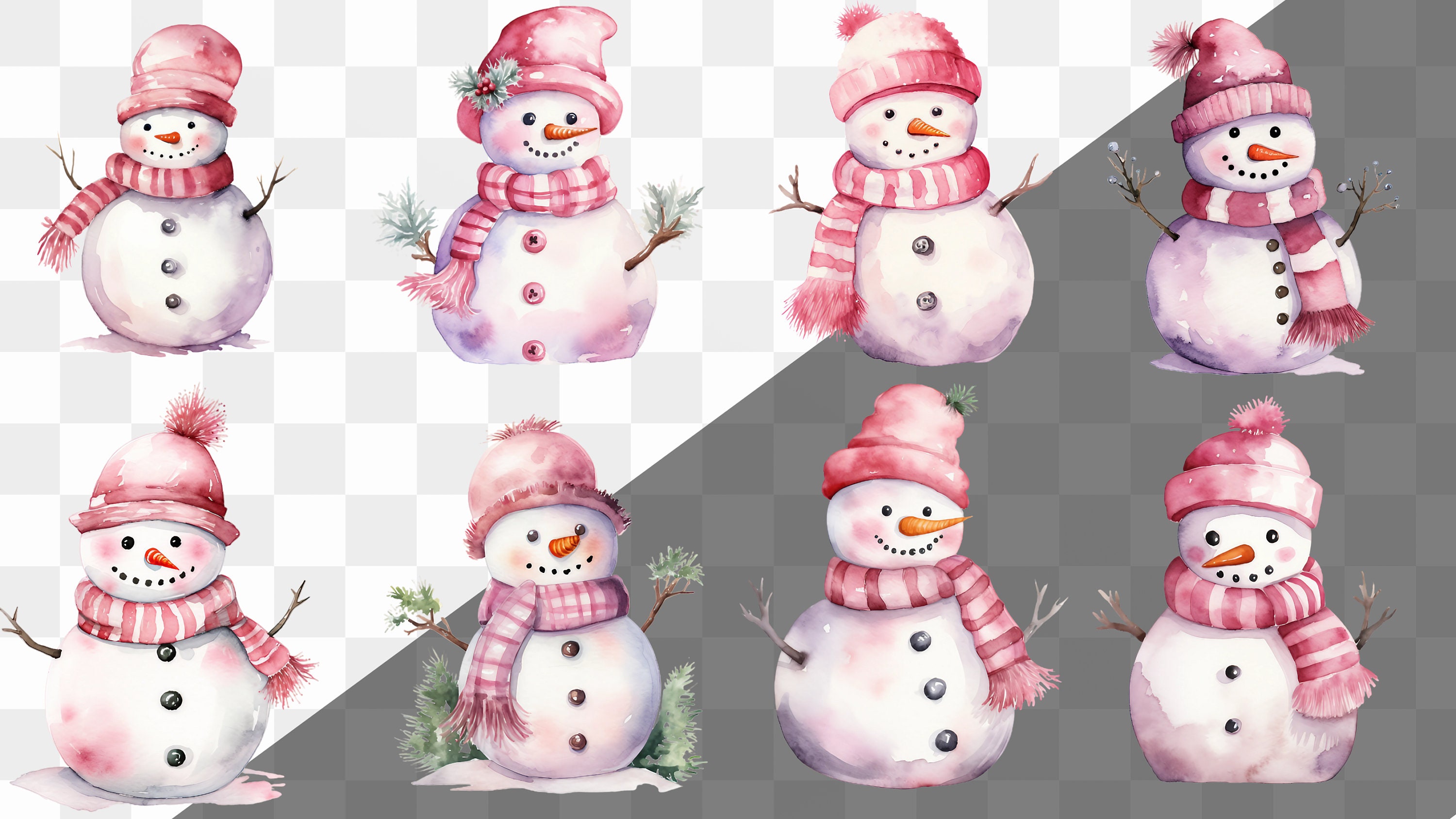 Whimsical Pink Snowman Clipart, Christmas Snowperson, Pink Snow Woman ...
