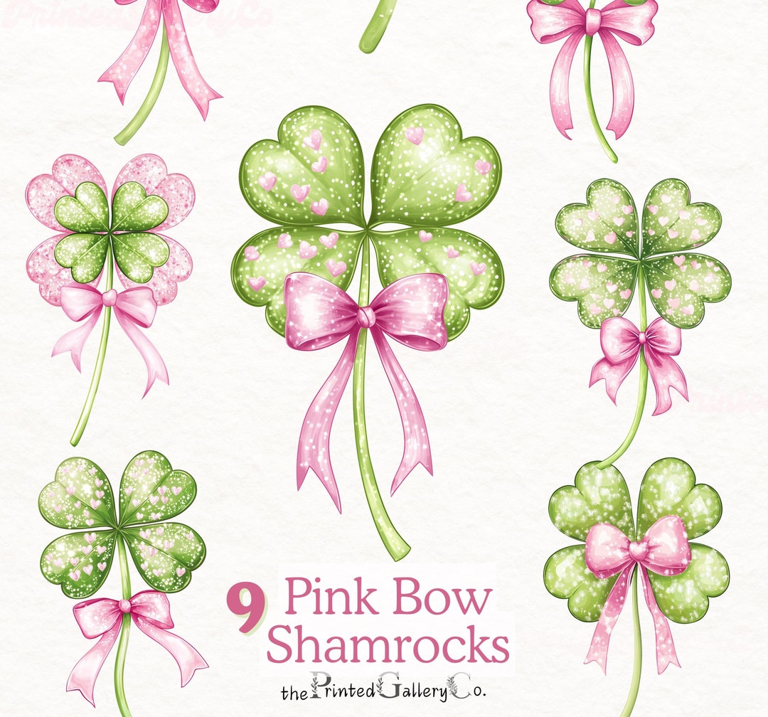 9 Shamrock With Pink Bow PNG, Cute St. Patrick’s Day Clipart, Girly ...