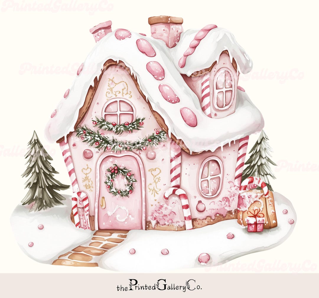 3 Pastel Pink Coquette Christmas Gingerbread House PNG, Candy Cane ...