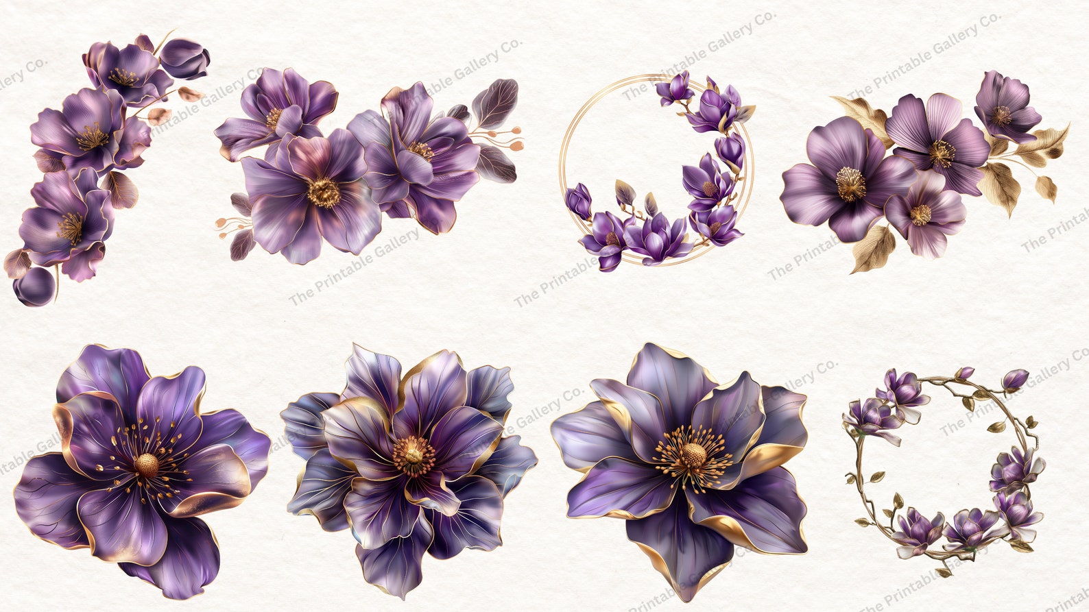 Gold Metallic Floral Clipart Purple Flowers PNG, Wedding Invitation ...