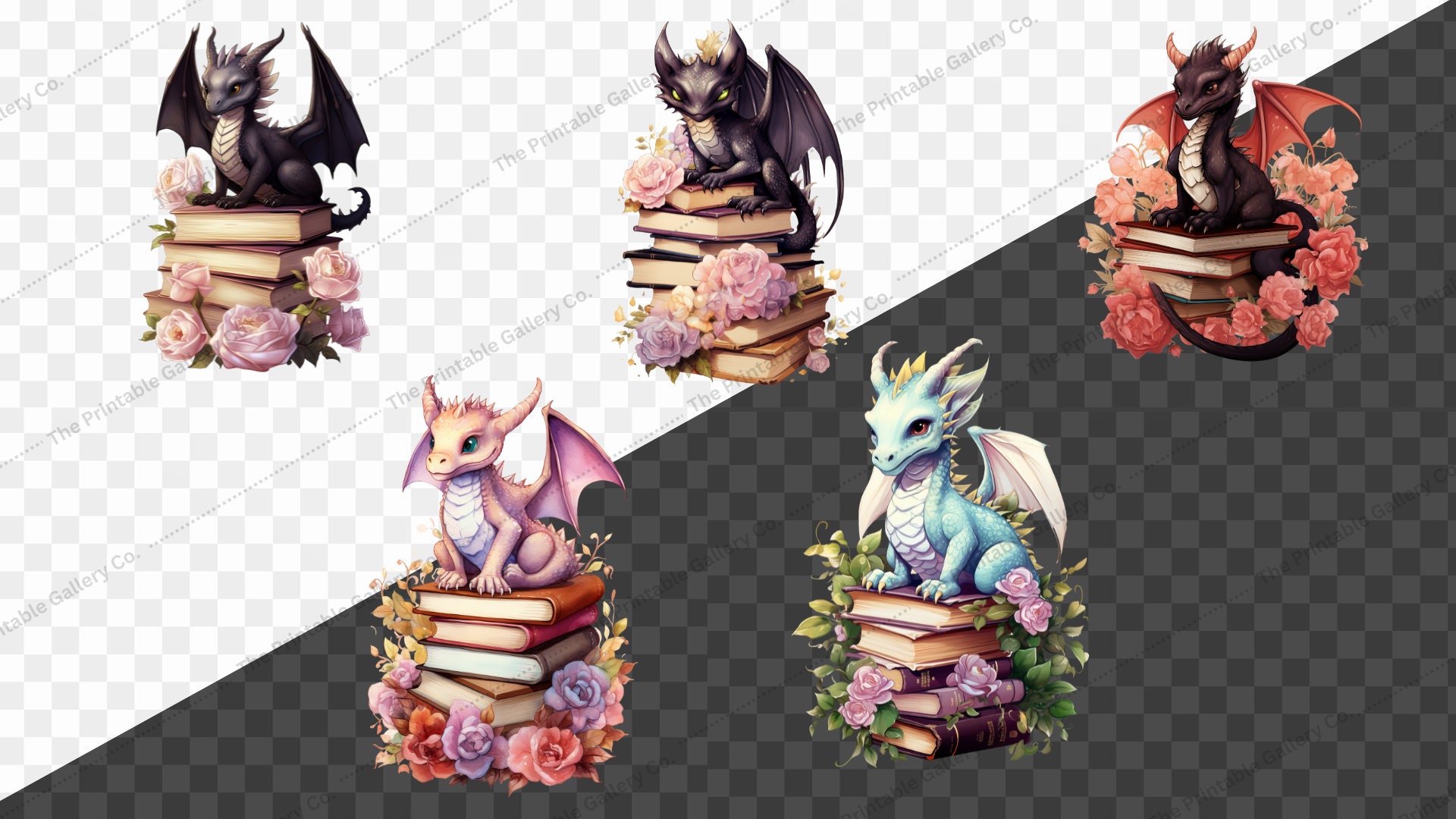 20 Fantasy Dragon Clipart Bundle, Floral Books Clip Art Digital ...