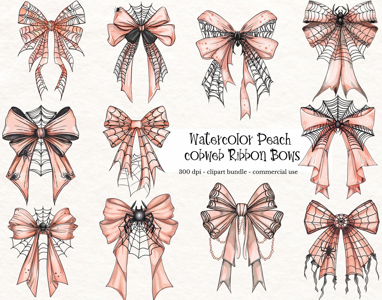 Watercolor Peach Ribbon Bows Clipart, Pastel Halloween Cobweb Bow ...