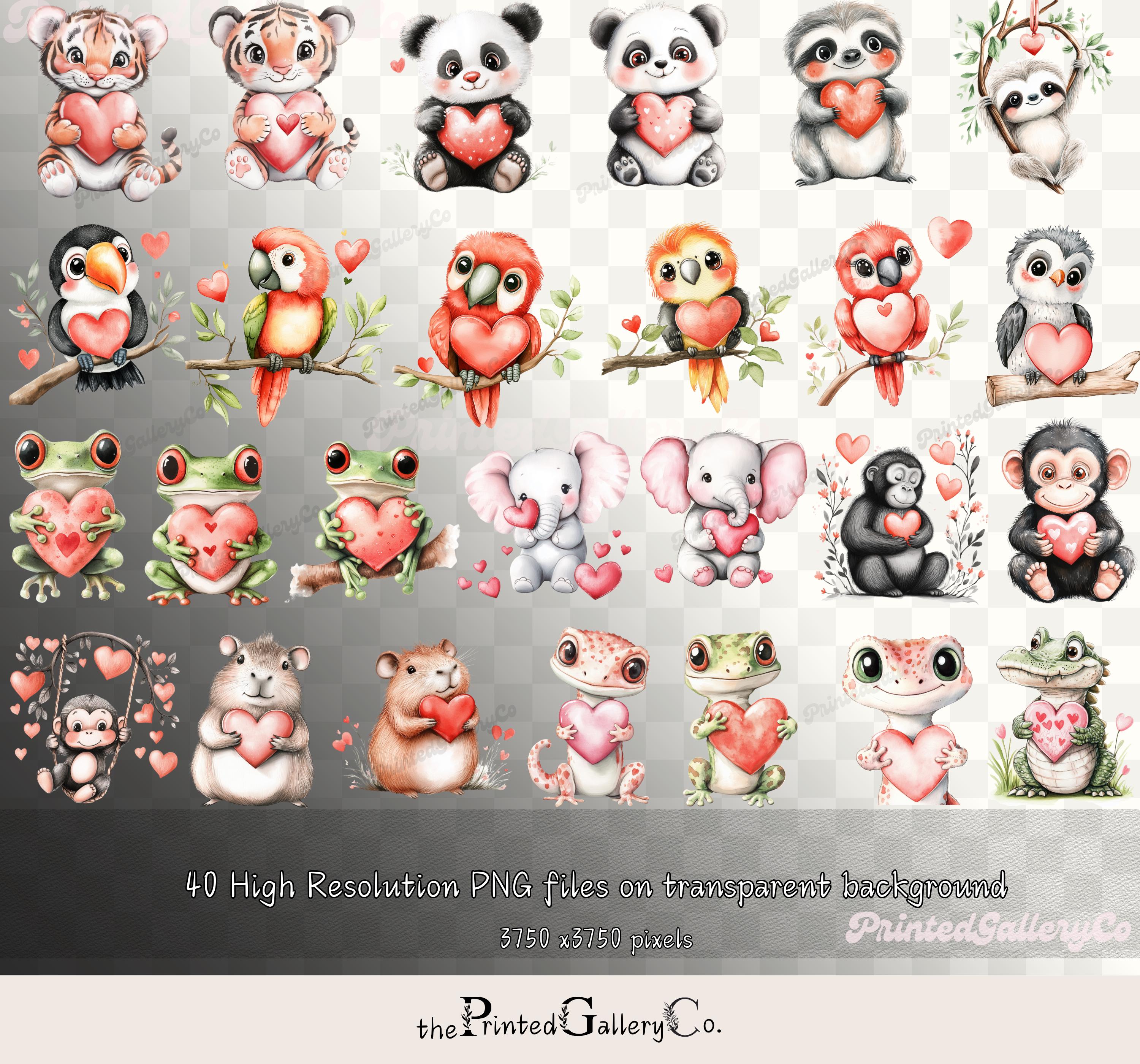 Cute Animal & Heart Clipart Bundle - Watercolor Love-themed Nursery ...