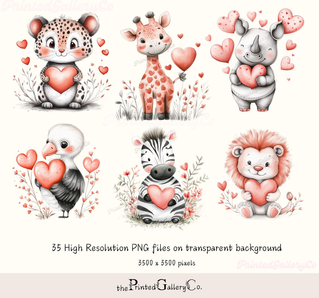 35 Cute Safari Animals Holding Hearts Clipart Bundle | Valentine Baby ...