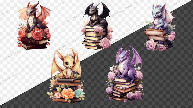 20 Fantasy Dragon Clipart Bundle, Floral Books Clip Art Digital ...