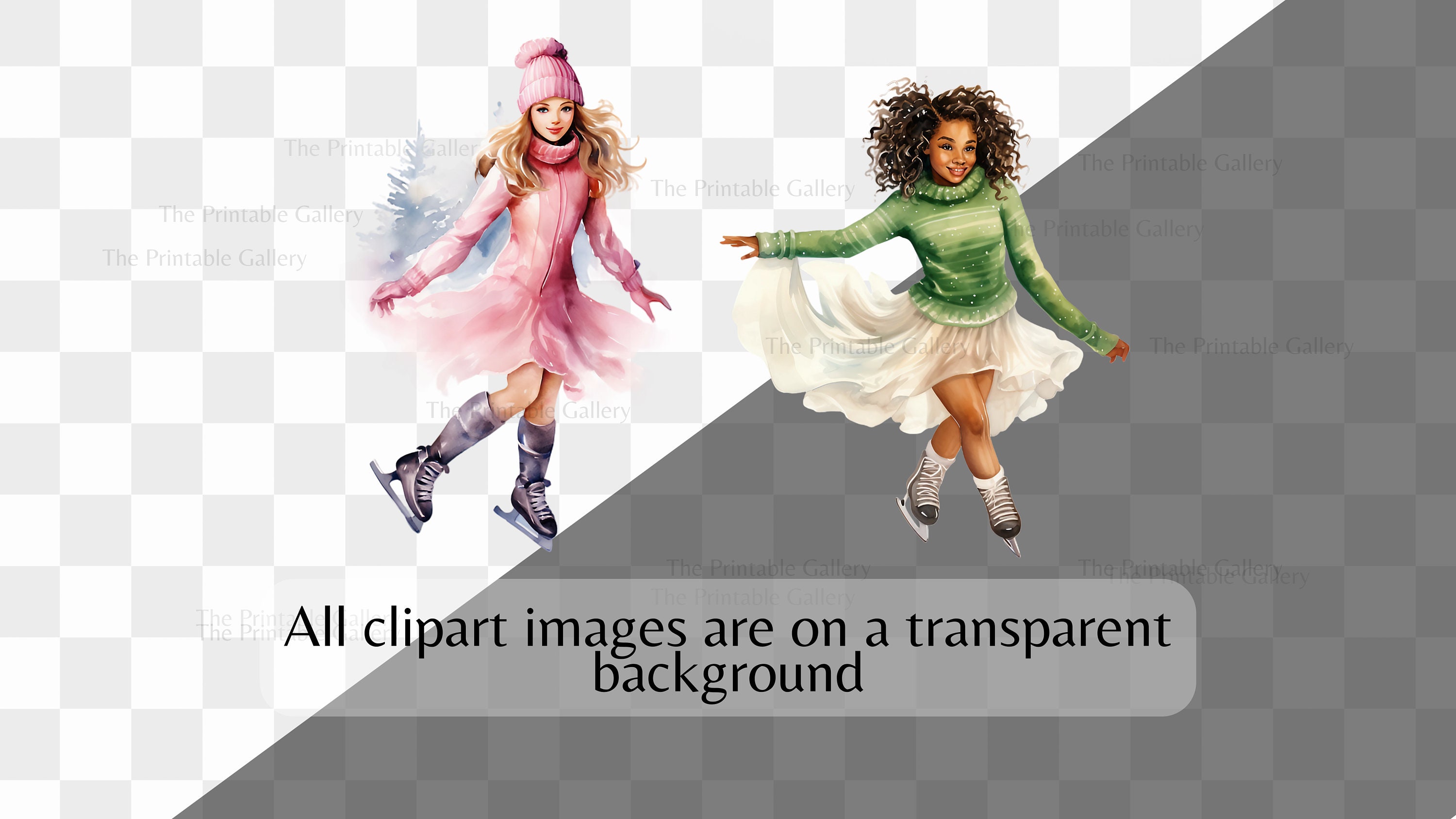 Watercolor Ice Skating Clipart, Co-ed Winter Clip Art for Sublimation ...