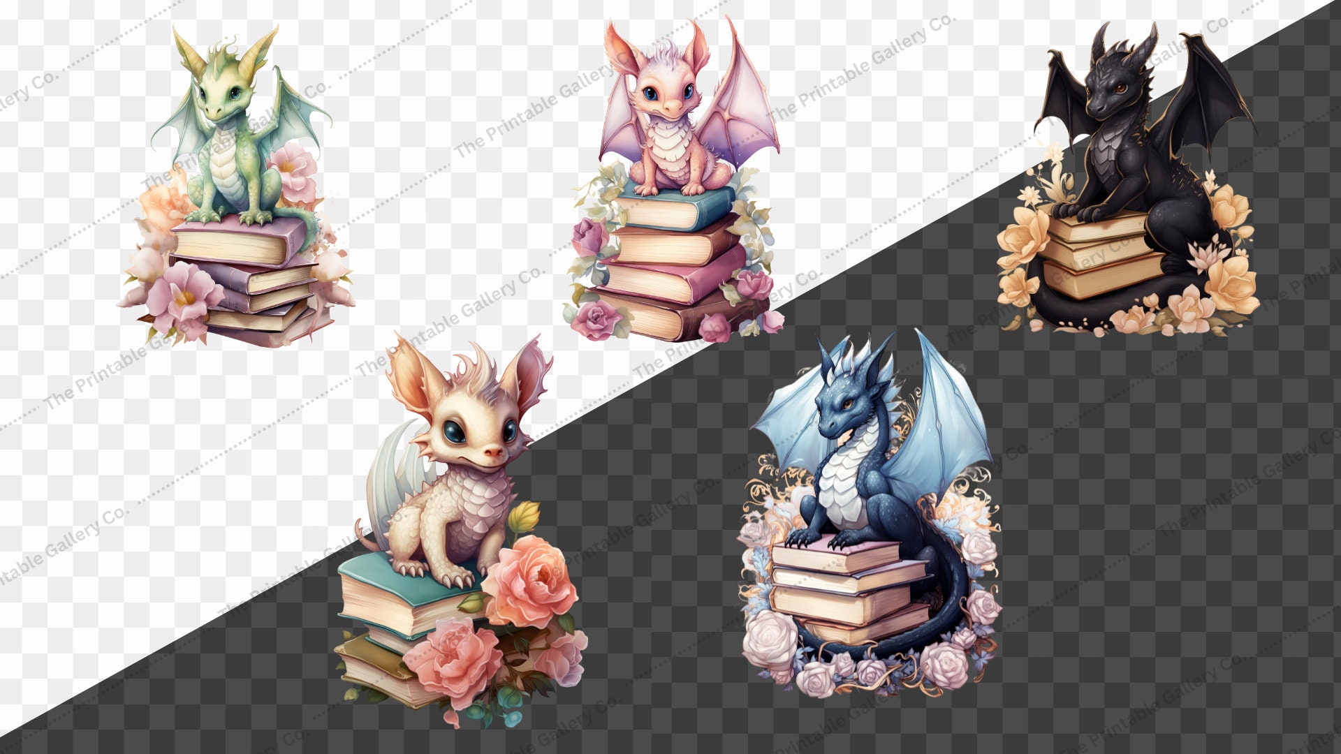 20 Fantasy Dragon Clipart Bundle, Floral Books Clip Art Digital ...