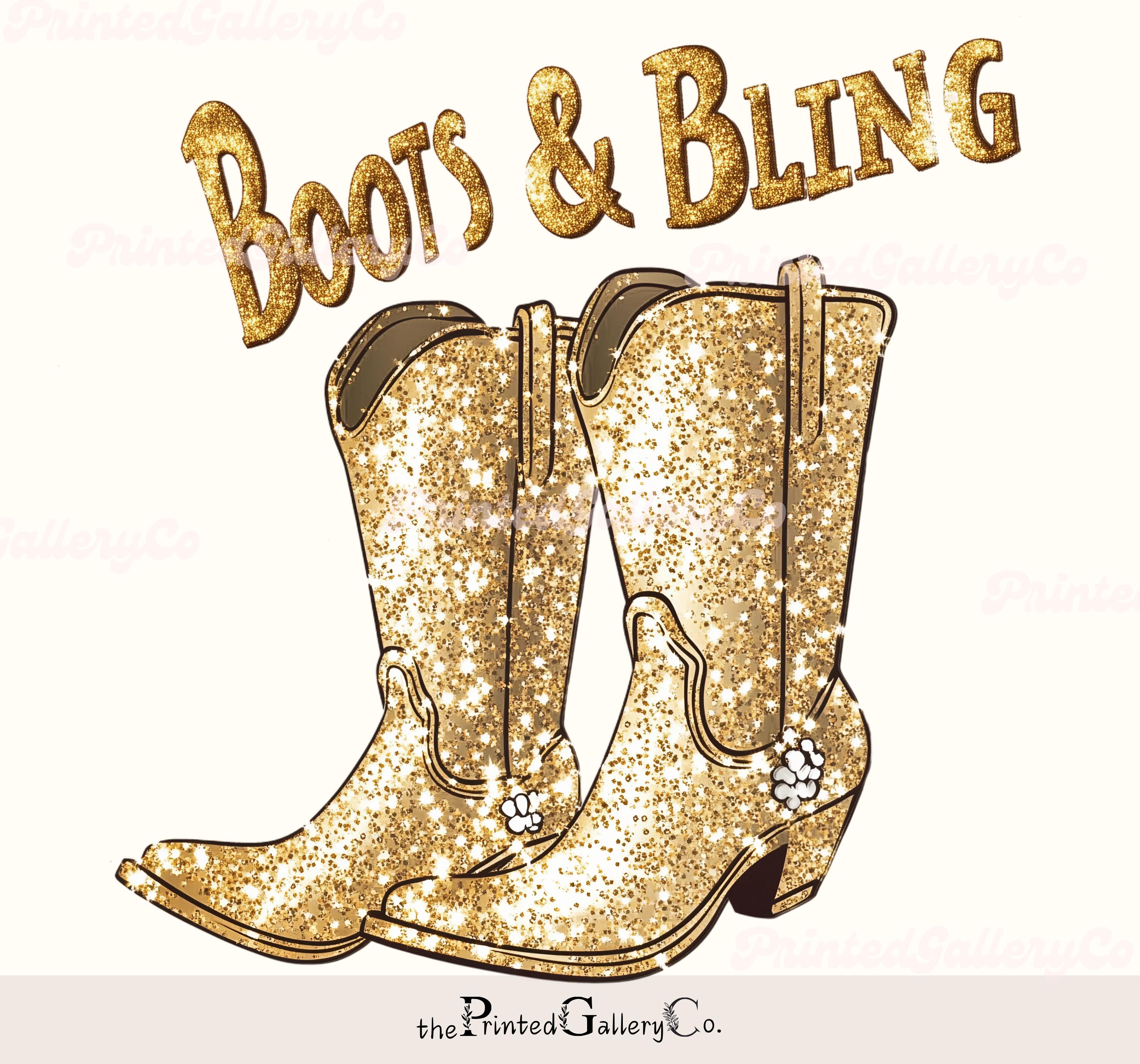 Gold Glitter Boots & Bling SVG + PNG Clipart, Glam Cowgirl Shirt Design ...