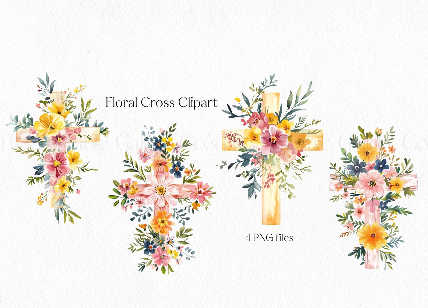 5 Watercolor Christian Crosses PNG Pastel Floral Cross Clipart Faith ...