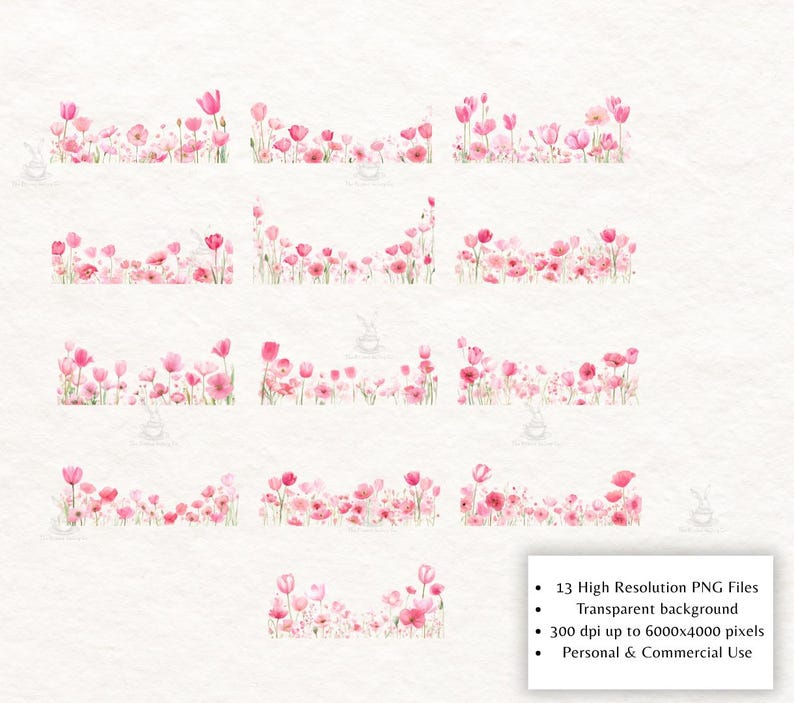Pink Spring Tulip Poppies Premade Borders, Watercolor Flower Clipart ...
