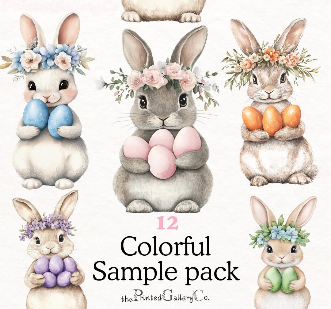 Colorful Easter Bunny Holding Easter Eggs Clipart Spring Floral Easter ...