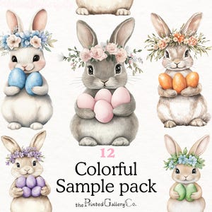 Colorful Easter Bunny Holding Easter Eggs Clipart Spring Floral Easter ...