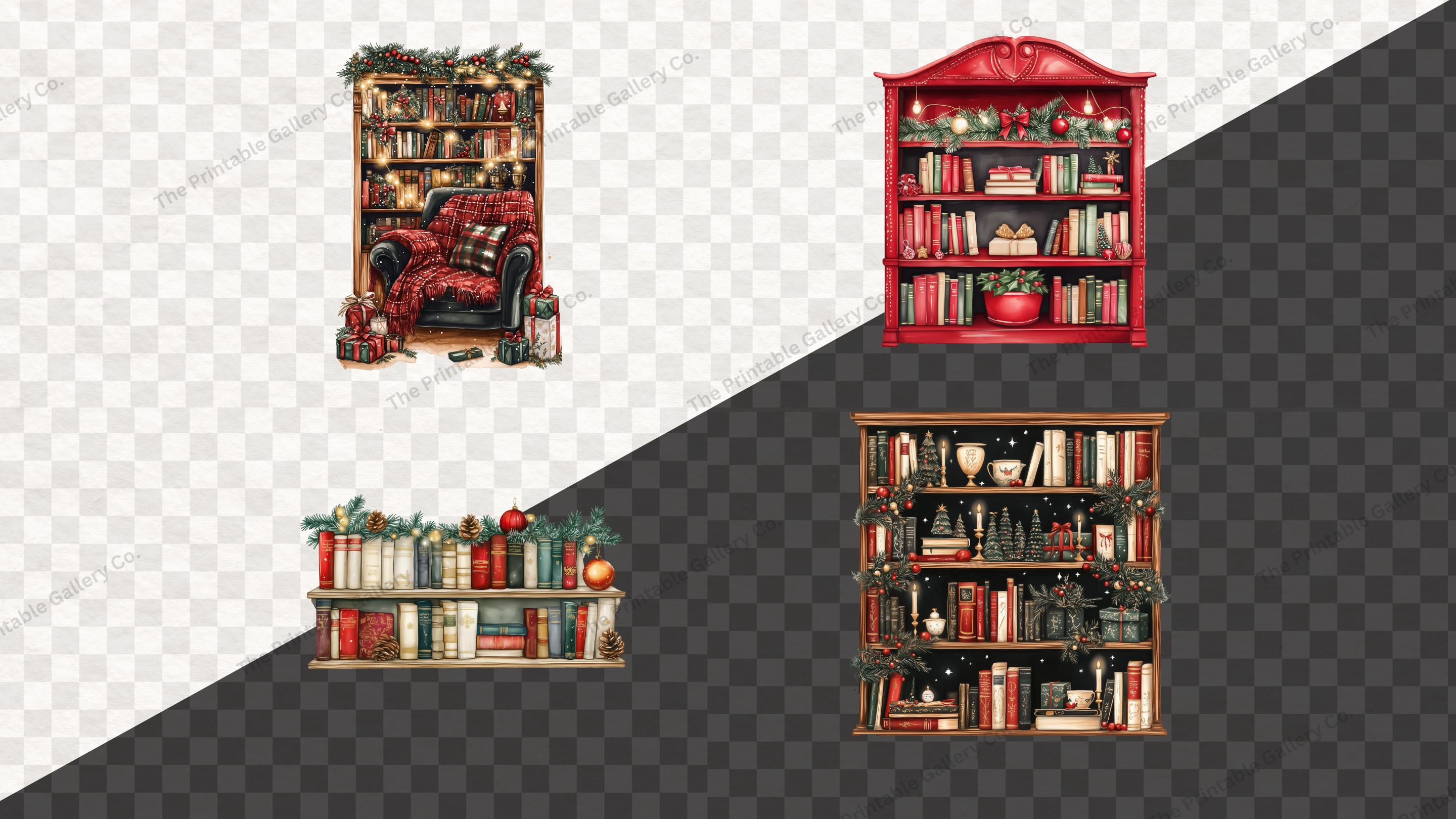 Watercolor Christmas Bookshelves Clipart, Red Green Gold Holiday ...
