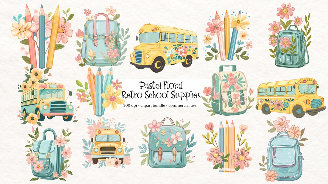 Pastel Retro Back to School Supplies Clipart, Floral Teacher Clip Art ...