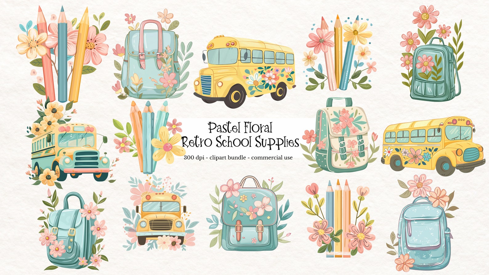 Pastel Retro Back to School Supplies Clipart, Floral Teacher Clip Art ...
