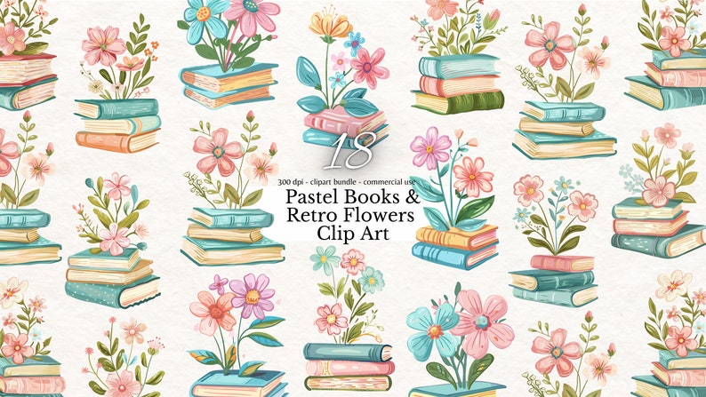 Pastel School Books & Retro Flowers Clipart, Trendy Girly Reading Clip ...