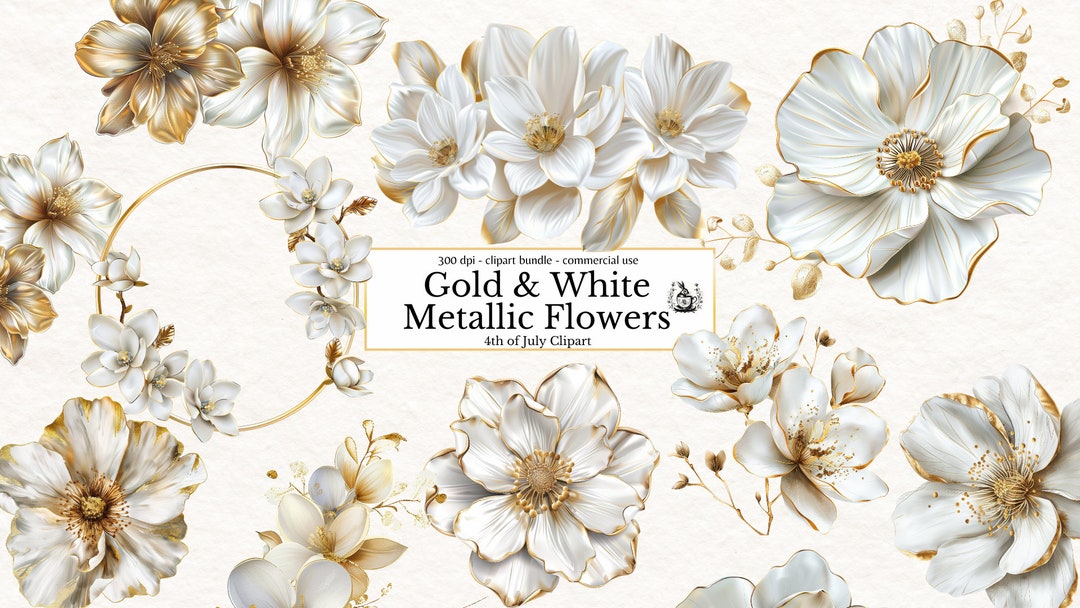 24 Gold Metallic Floral Clipart, White Flowers Commercial Use PNG ...