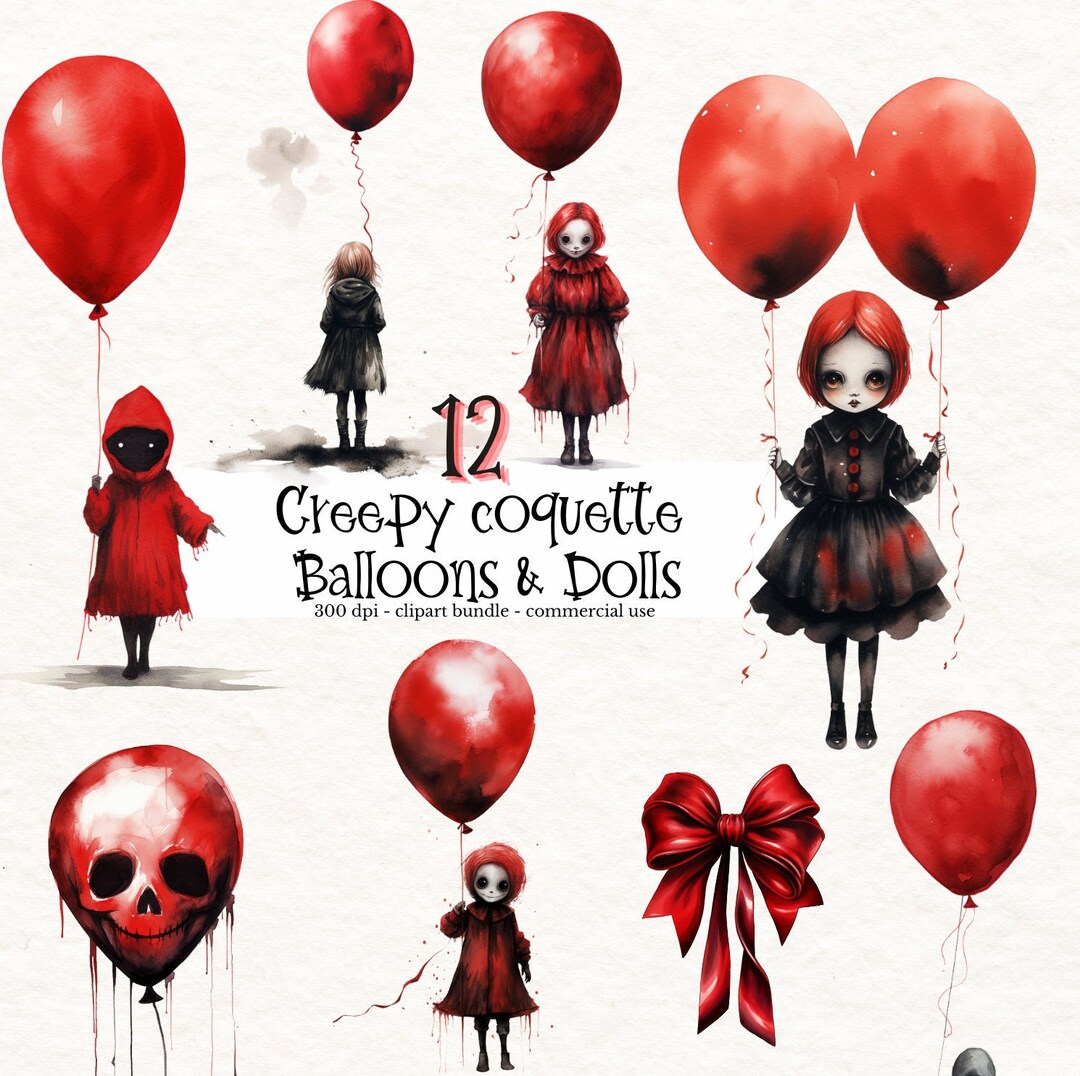 Creepy Voodoo Dolls & Red Balloons Clipart Bundle, Gothic Coquette Bow ...