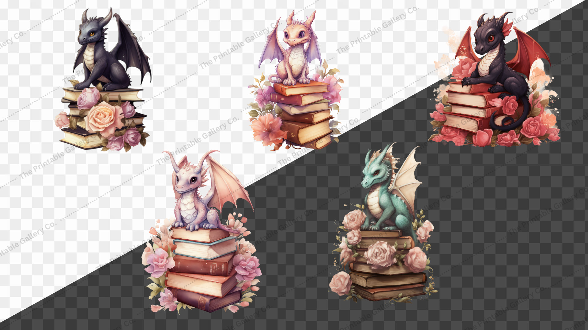 20 Fantasy Dragon Clipart Bundle, Floral Books Clip Art Digital ...