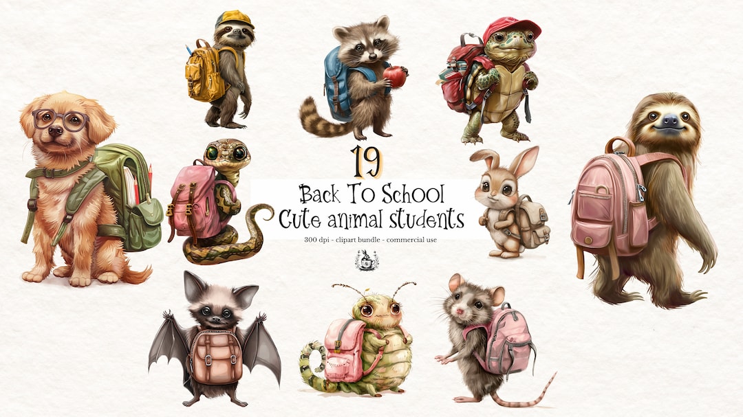 Cute Back to School Animal Student Clipart, Commercial Use PNG ...