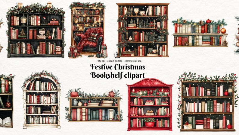 Watercolor Christmas Bookshelves Clipart, Red Green Gold Holiday ...