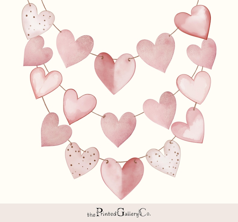 Watercolor Pink Hearts Banner Clipart, 3-string Heart Garland for ...