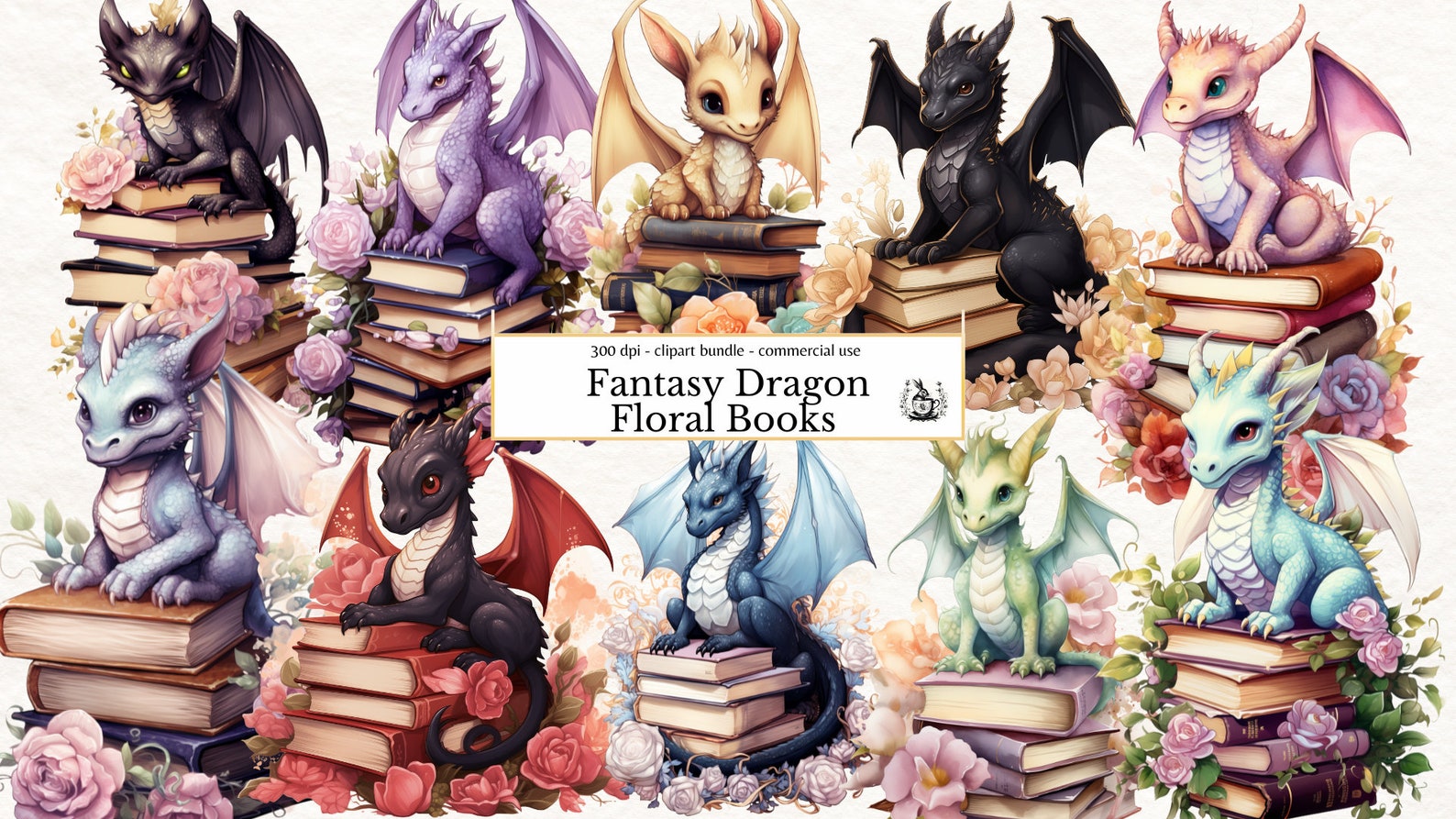 20 Fantasy Dragon Clipart Bundle, Floral Books Clip Art Digital ...