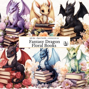 20 Fantasy Dragon Clipart Bundle, Floral Books Clip Art Digital ...