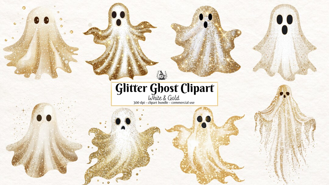 Glitter Ghost Clipart, Gold/white Glam Halloween Cute Ghosts and Ghouls ...
