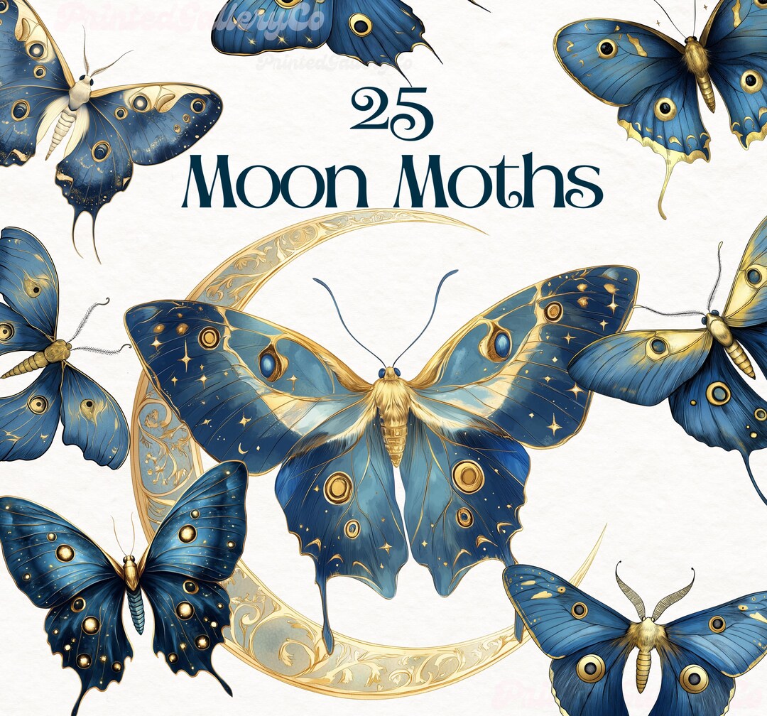 Celestial Lunar Moth Clipart Bundle, Blue and Gold Moon Butterfly Clip ...