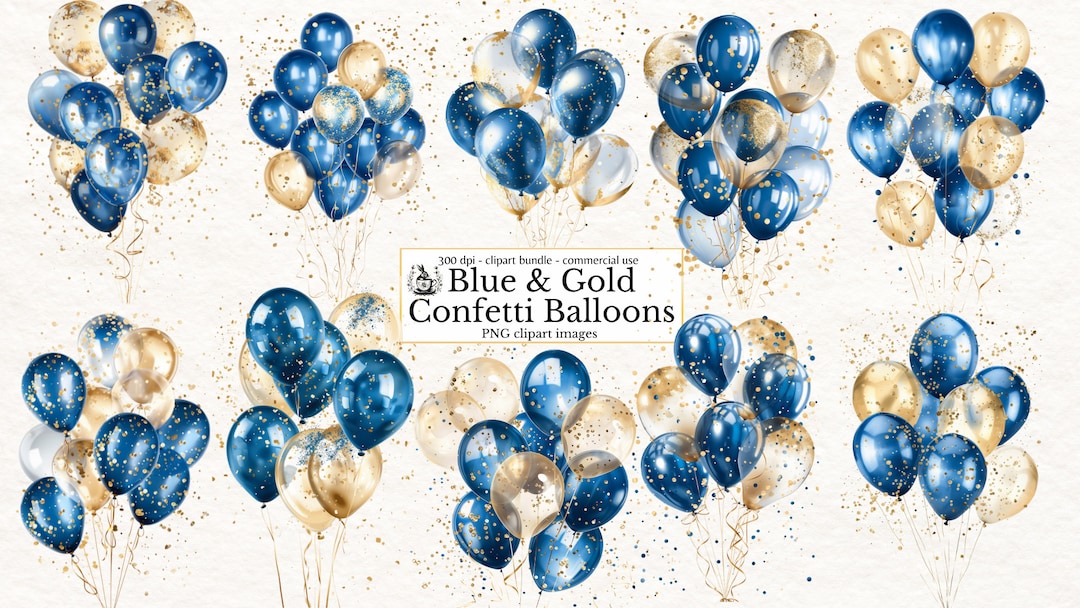 Blue & Gold Confetti Balloon Clipart, Celebration Party Clip Art ...
