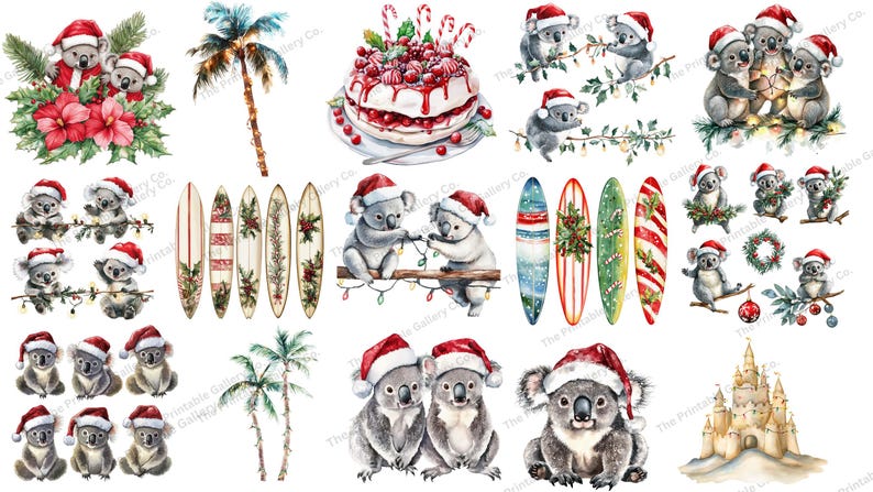 Tropical Christmas Clipart, Surfing Kangaroo With Santa Hat, Koala ...